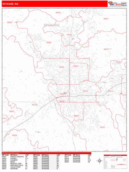Spokane Washington Zip Code Wall Map (Red Line Style) by MarketMAPS