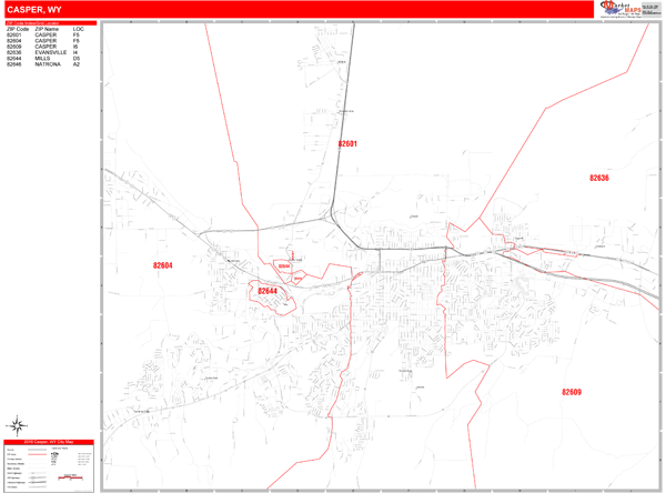 Casper Wyoming Zip Code Wall Map (Red Line Style) by MarketMAPS