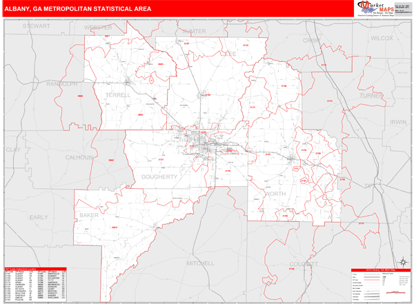 Albany, GA Metro Area Zip Code Wall Map Red Line Style by MarketMAPS
