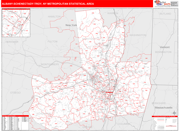 Albany-Schenectady-Troy, NY Metro Area Zip Code Wall Map Red Line Style ...
