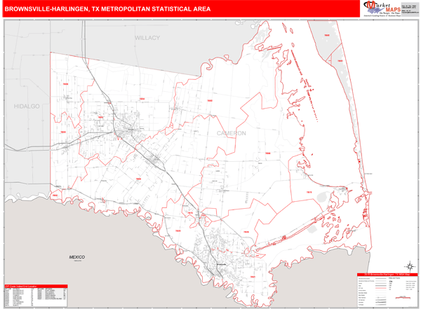 Brownsville-Harlingen, TX Metro Area Zip Code Wall Map Red Line Style ...