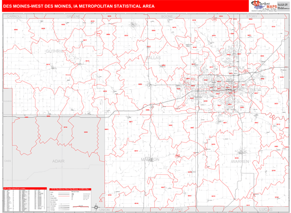 Des Moines-West Des Moines, IA Metro Area Wall Map Red Line Style by ...