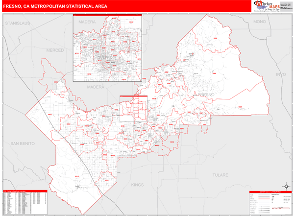 Fresno, CA Metro Area Zip Code Wall Map Red Line Style by MarketMAPS