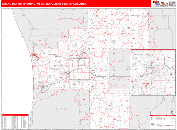 Grand Rapids-Wyoming, MI Metro Area Wall Map Red Line Style by MarketMAPS
