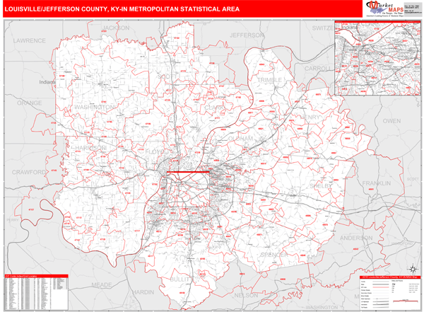 Louisville-Jefferson County, KY Metro Area Wall Map Red Line Style by ...