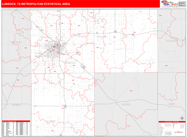 Lubbock, TX Metro Area Zip Code Wall Map Red Line Style by MarketMAPS