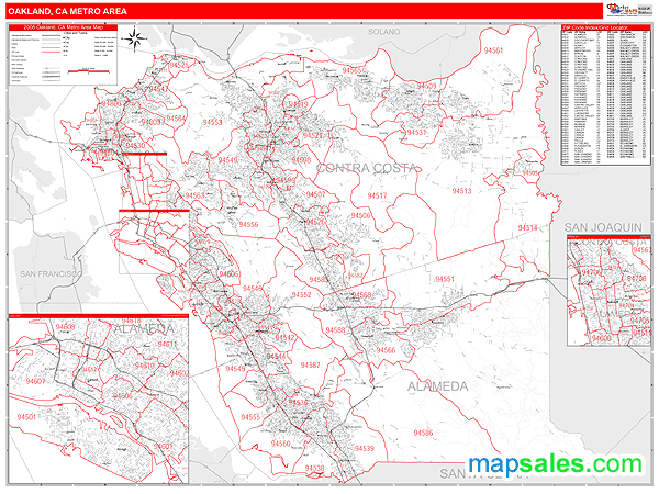 Oakland, CA Metro Area Zip Code Wall Map Red Line Style by MarketMAPS