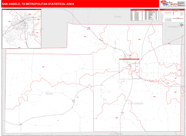 San Angelo, TX Metro Area Zip Code Wall Map Red Line Style by MarketMAPS