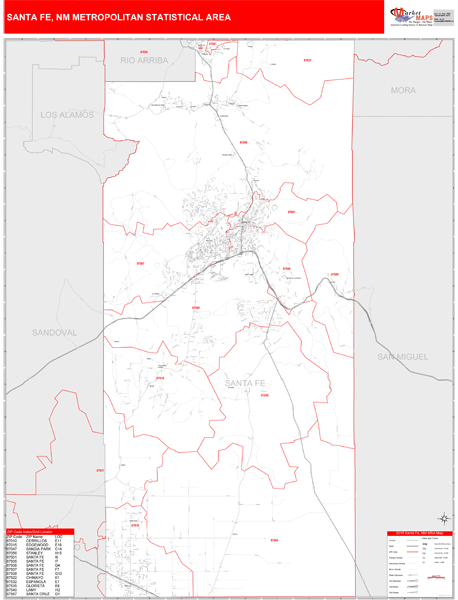 Santa Fe, NM Metro Area Wall Map Red Line Style by MarketMAPS