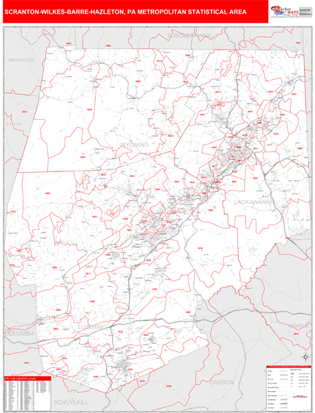 Scranton-Wilkes-Barre-Hazleton, PA Metro Area Wall Map Red Line Style ...