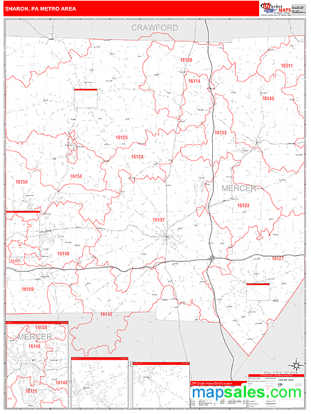 Sharon, PA Metro Area Wall Map Red Line Style by MarketMAPS
