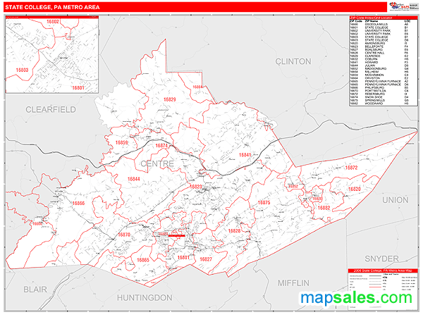 State College, PA Metro Area Wall Map Red Line Style by MarketMAPS
