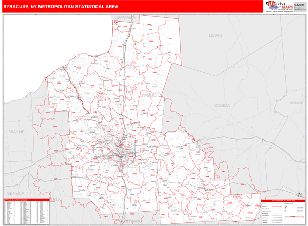 Syracuse, NY Metro Area Zip Code Wall Map Red Line Style by MarketMAPS