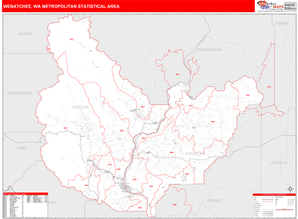 Wenatchee, WA Metro Area Wall Map Red Line Style by MarketMAPS