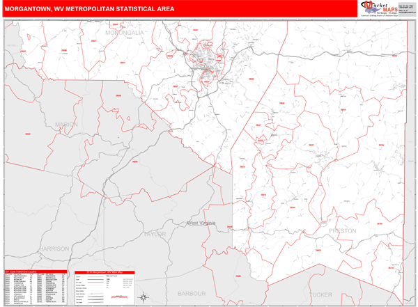 Morgantown, WV Metro Area Zip Code Wall Map Red Line Style by MarketMAPS