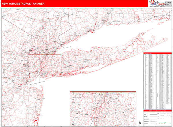 New York Metropolitan Area, NY Metro Area Wall Map Red Line Style by ...