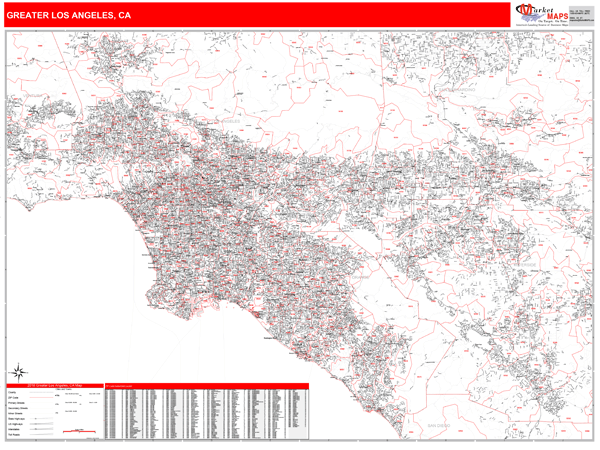 Greater Los Angeles, CA Metro Area Wall Map Red Line Style by MarketMAPS