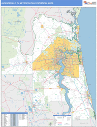 Jacksonville, FL Metro Area Zip Code Wall Map Basic Style by MarketMAPS