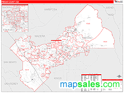 Fresno County, CA Zip Code Wall Map Red Line Style by MarketMAPS