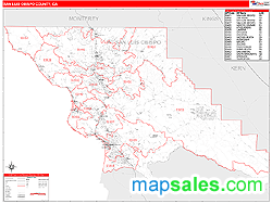 San Luis Obispo County, CA Zip Code Wall Map Red Line Style by MarketMAPS