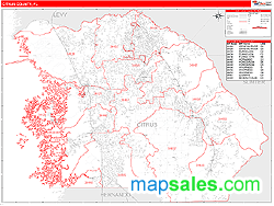 Citrus County, FL Zip Code Wall Map Red Line Style by MarketMAPS