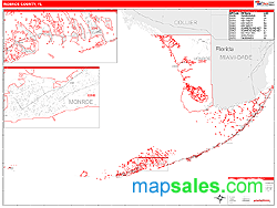 Monroe County, FL Zip Code Wall Map Red Line Style by MarketMAPS
