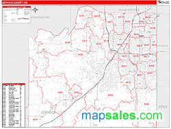 Johnson County, KS Zip Code Wall Map Red Line Style by MarketMAPS