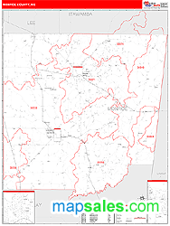 Monroe County, MS Zip Code Wall Map Red Line Style by MarketMAPS