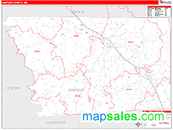 Simpson County, MS Wall Map Red Line Style by MarketMAPS