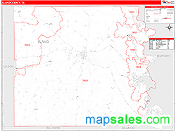 Llano County, TX Zip Code Wall Map Red Line Style by MarketMAPS