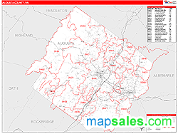 Augusta County, VA Zip Code Wall Map Red Line Style by MarketMAPS