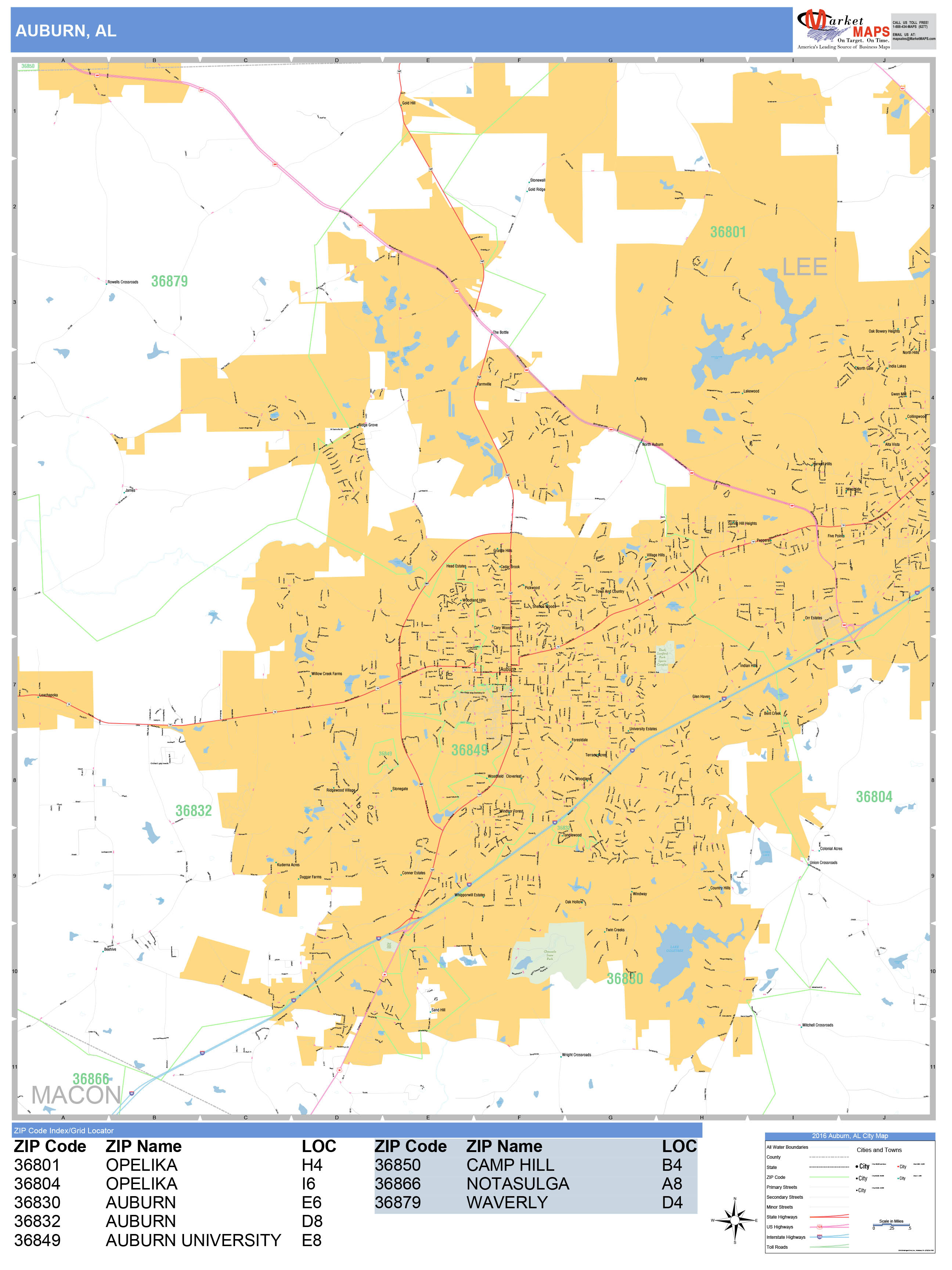 Auburn Alabama Wall Map (Basic Style) by MarketMAPS - MapSales