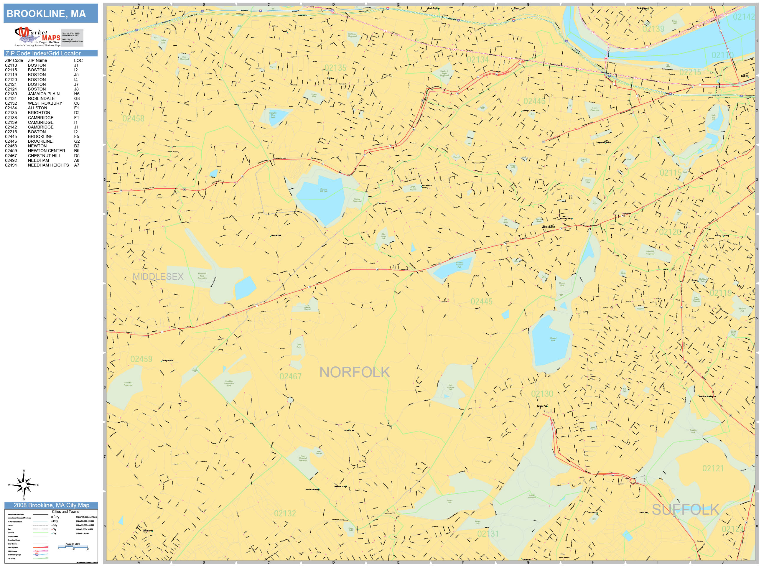 Brookline Massachusetts Wall Map (Basic Style) by MarketMAPS - MapSales