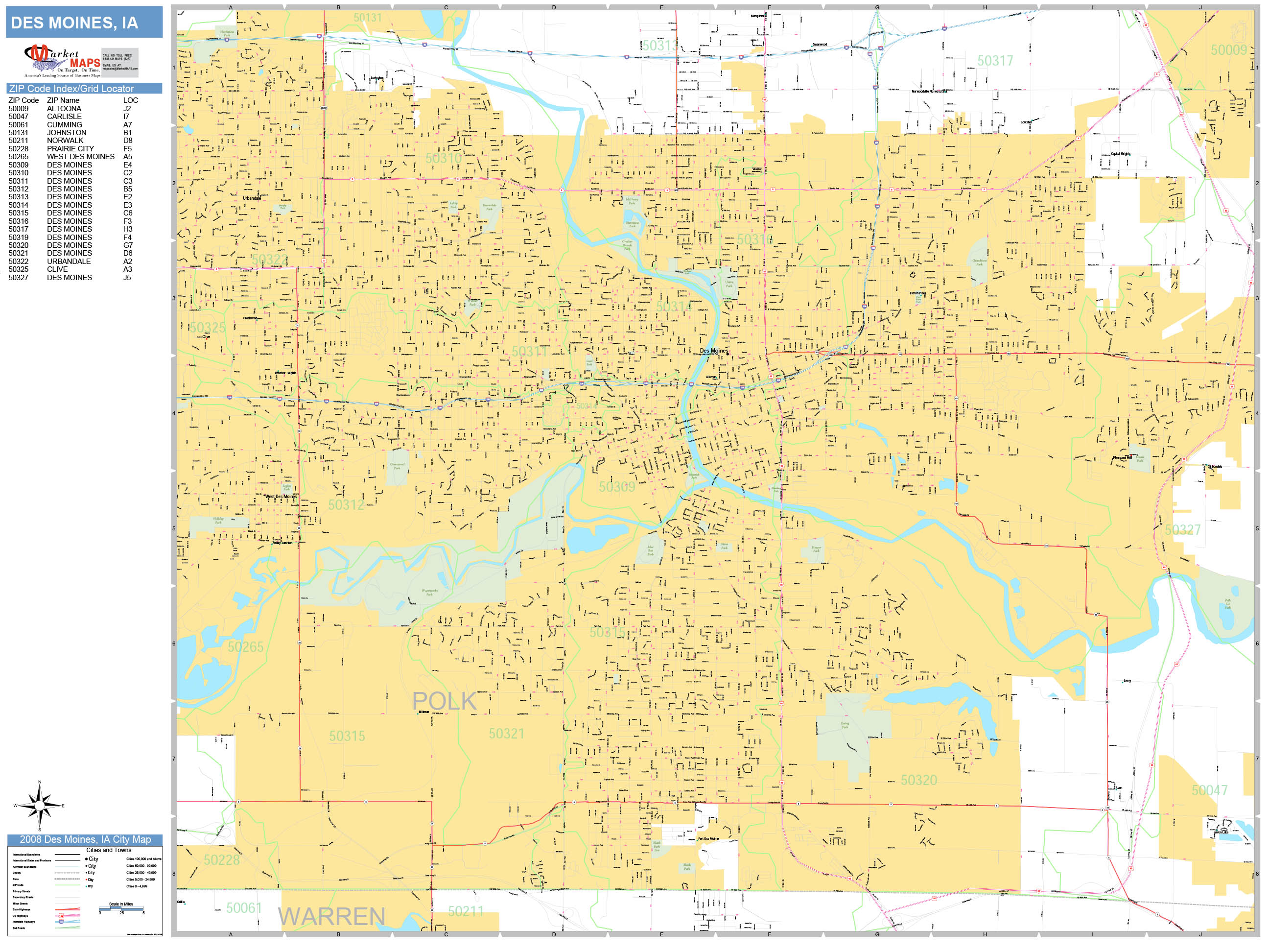 Des Moines Iowa Wall Map (Basic Style) by MarketMAPS - MapSales