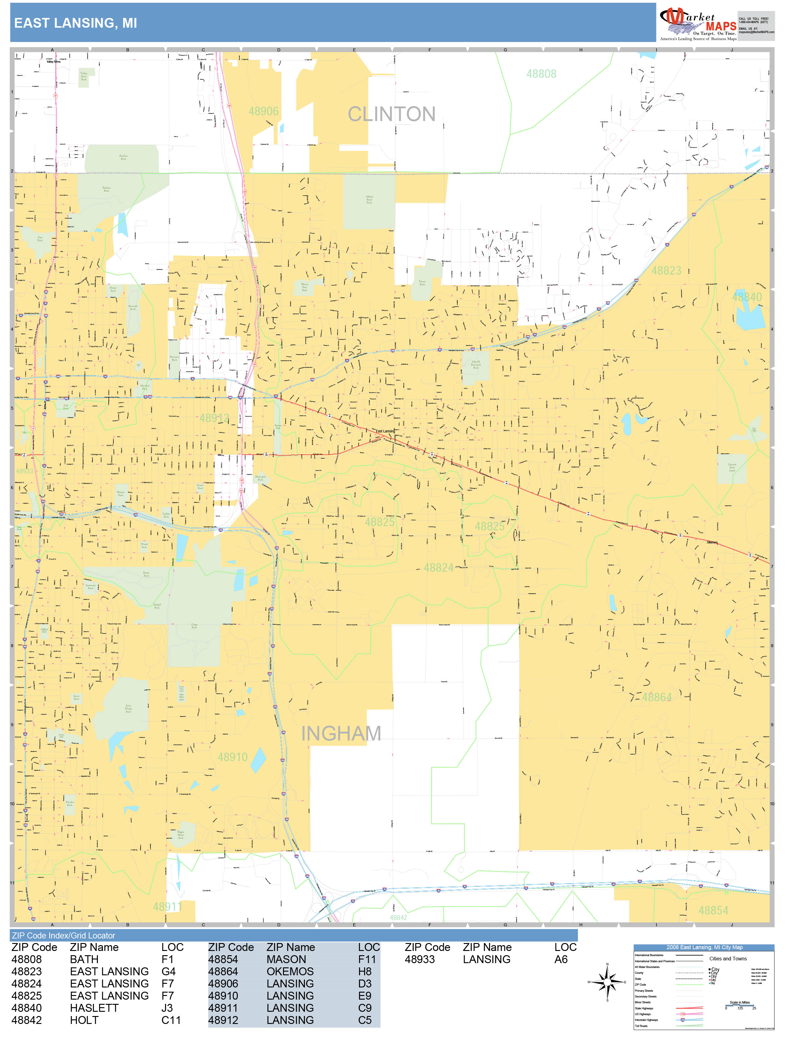 East Lansing Michigan Wall Map (Basic Style) by MarketMAPS - MapSales