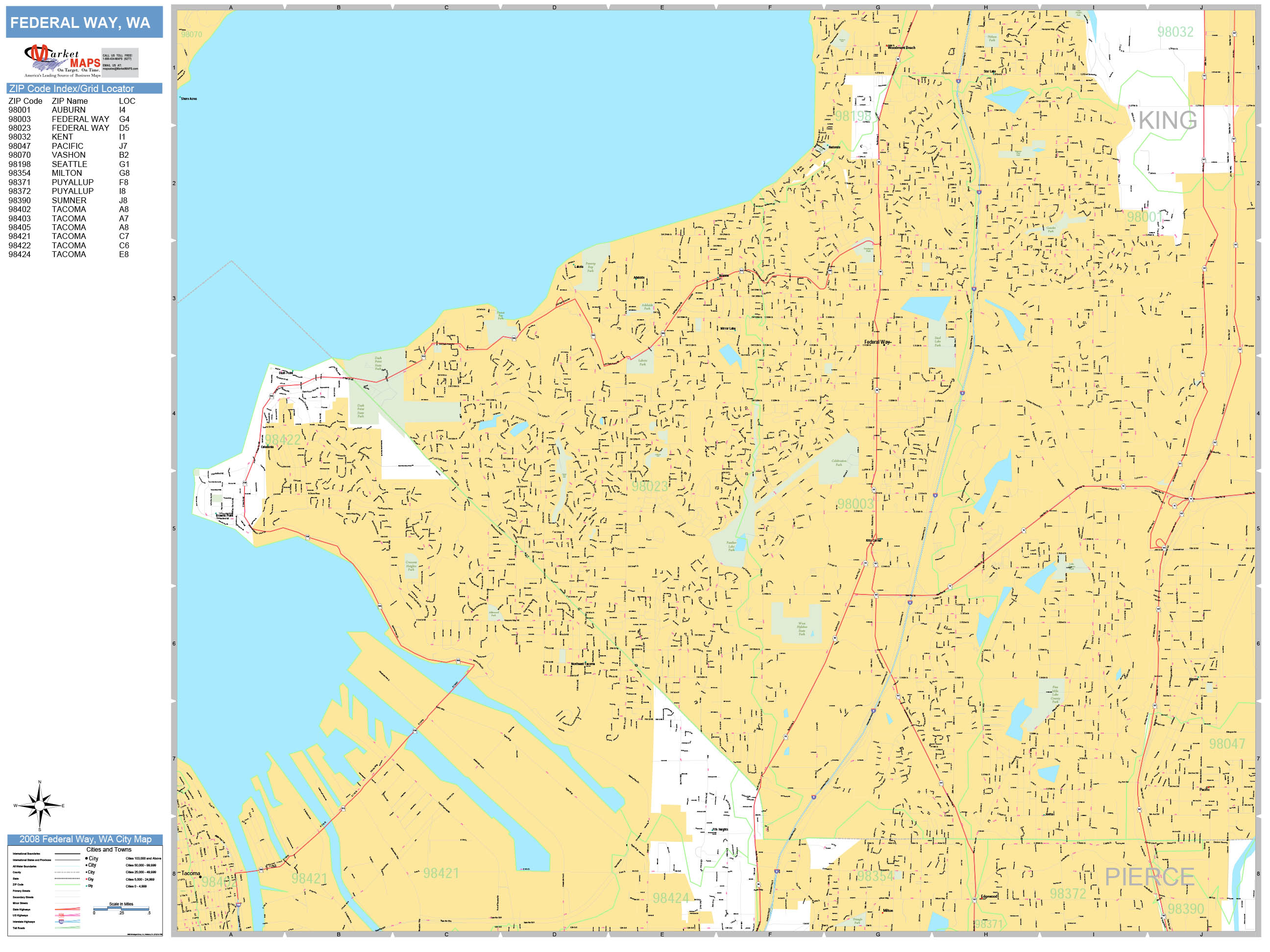 Federal Way Washington Wall Map (Basic Style) by MarketMAPS