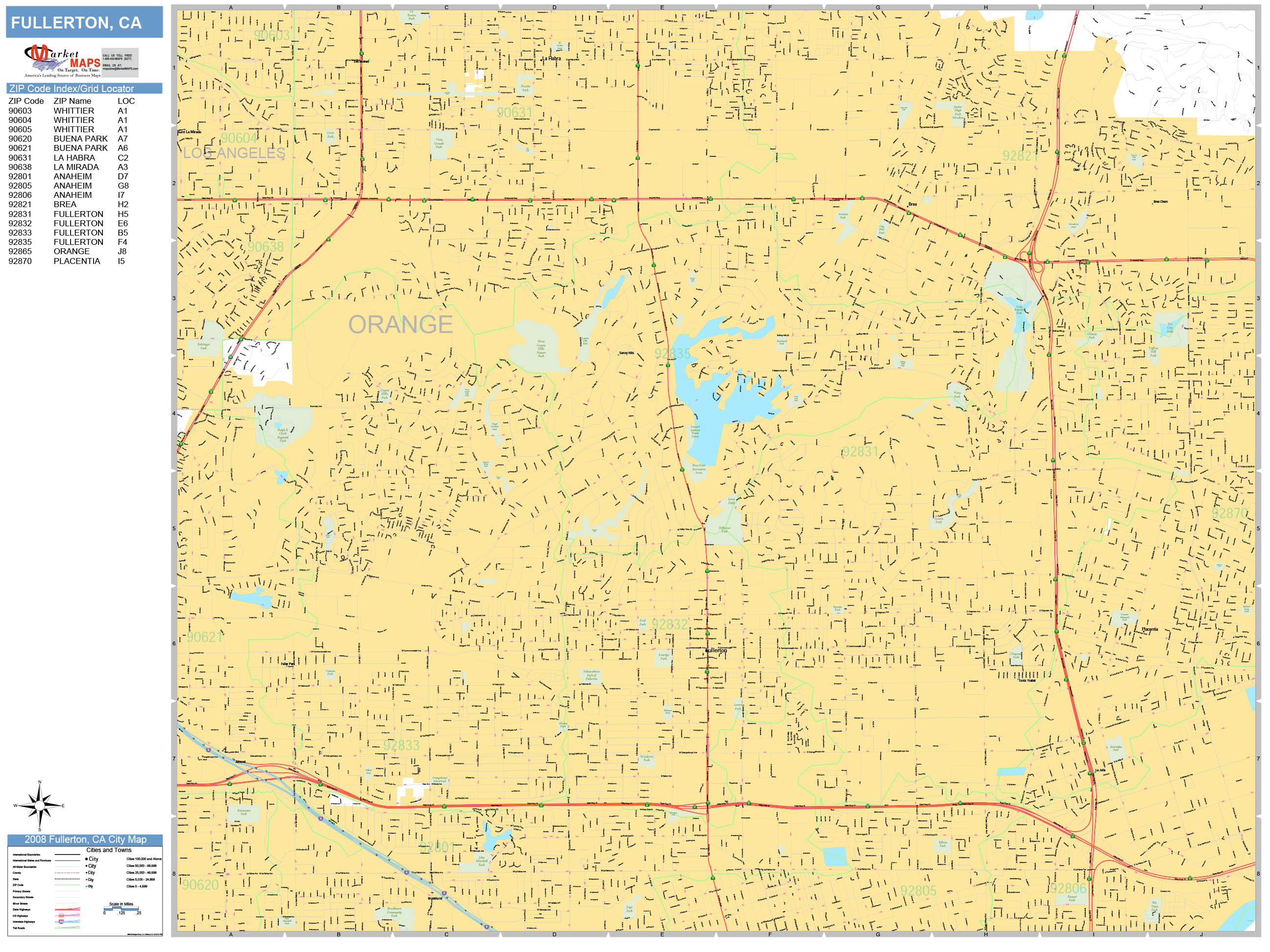 Fullerton California Wall Map (Basic Style) by MarketMAPS