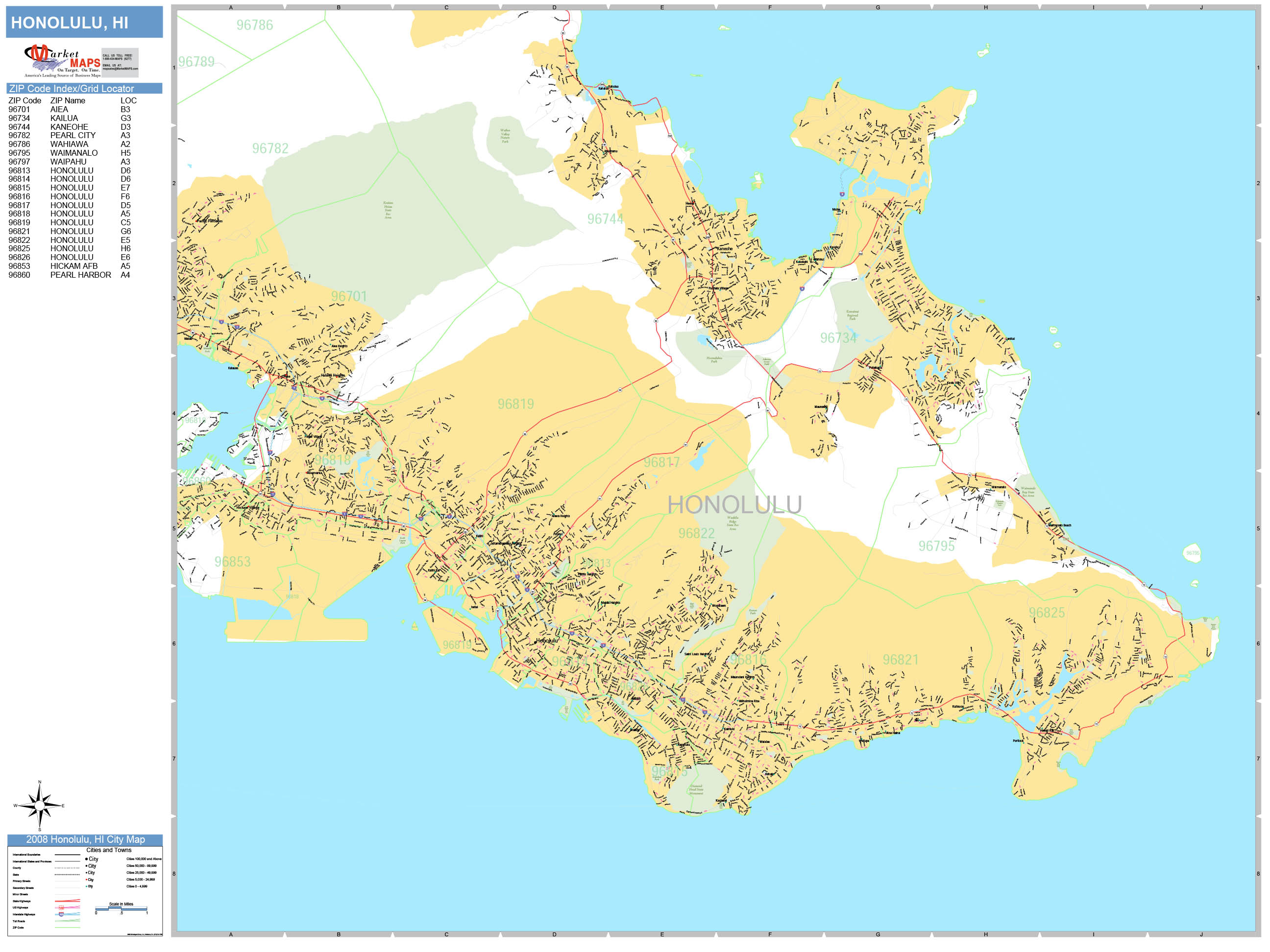 Honolulu Hawaii Wall Map (Basic Style) by MarketMAPS
