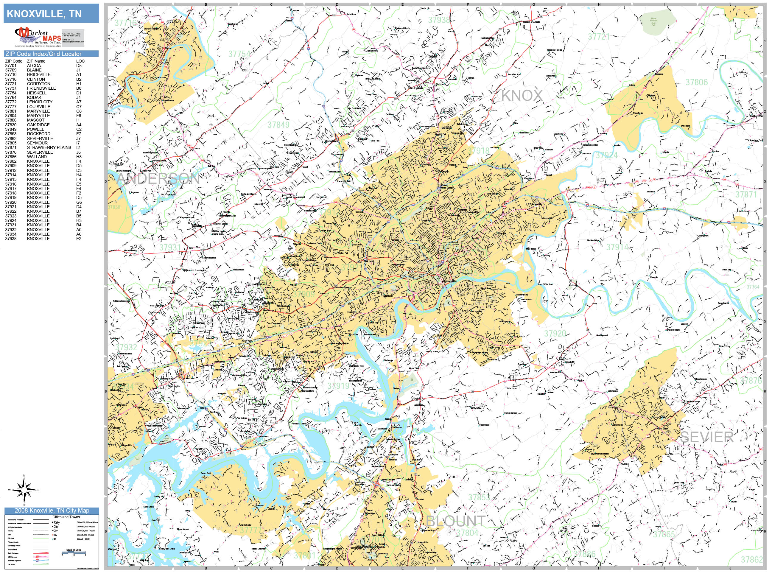Knoxville Tennessee Wall Map (Basic Style) by MarketMAPS
