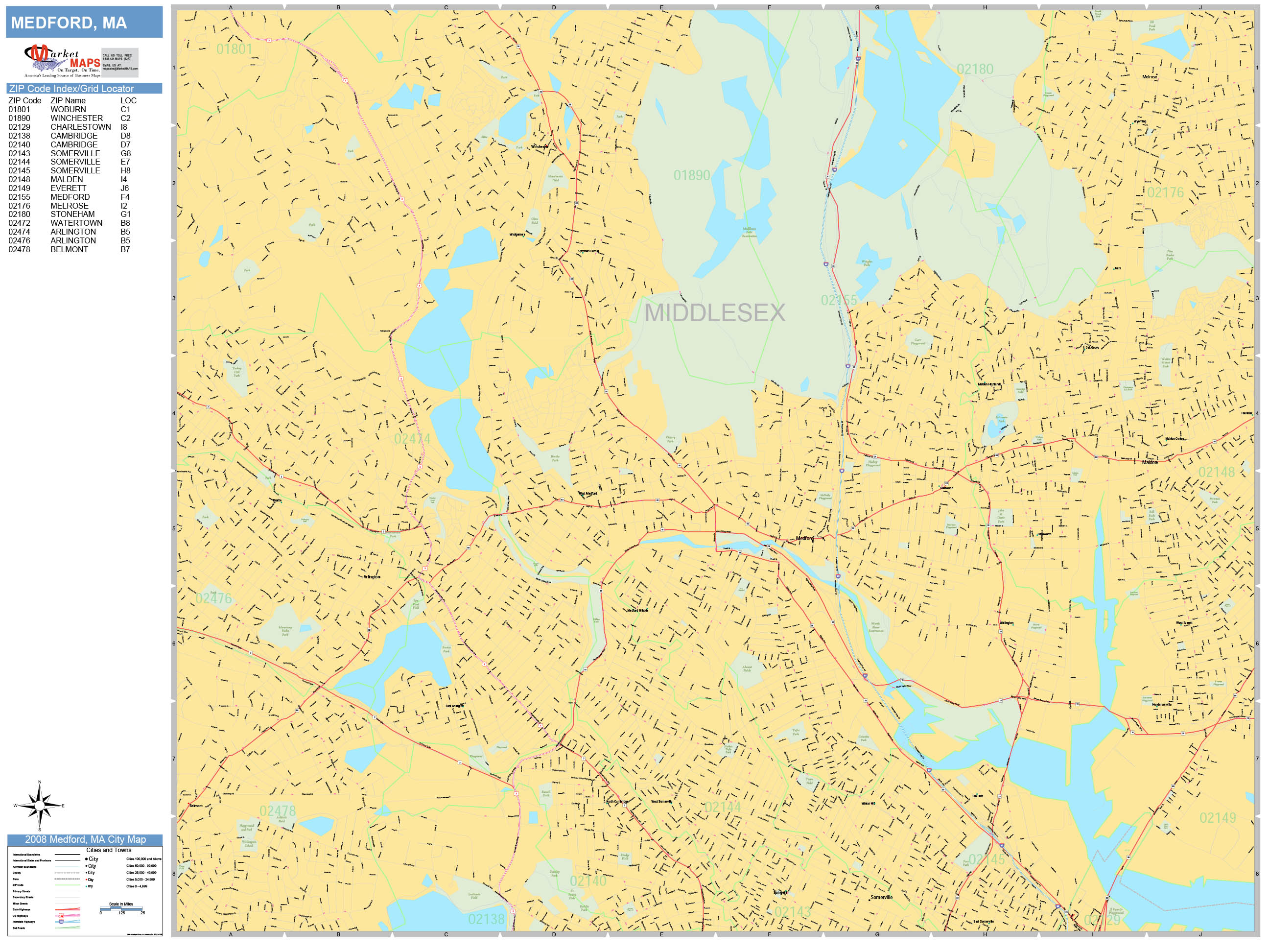 Medford Massachusetts Wall Map (Basic Style) by MarketMAPS - MapSales.com