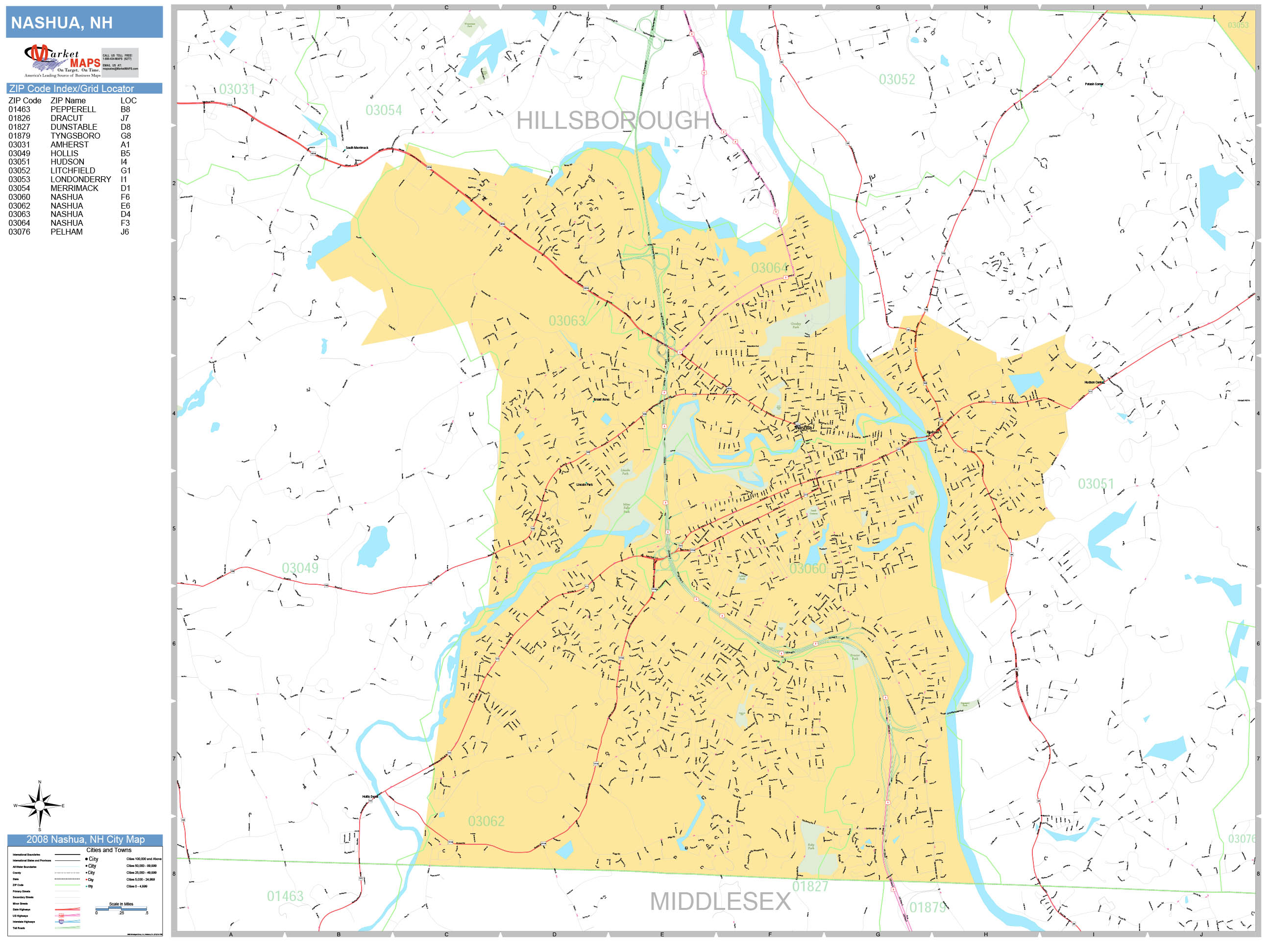 Nashua New Hampshire Wall Map (Basic Style) by MarketMAPS - MapSales.com