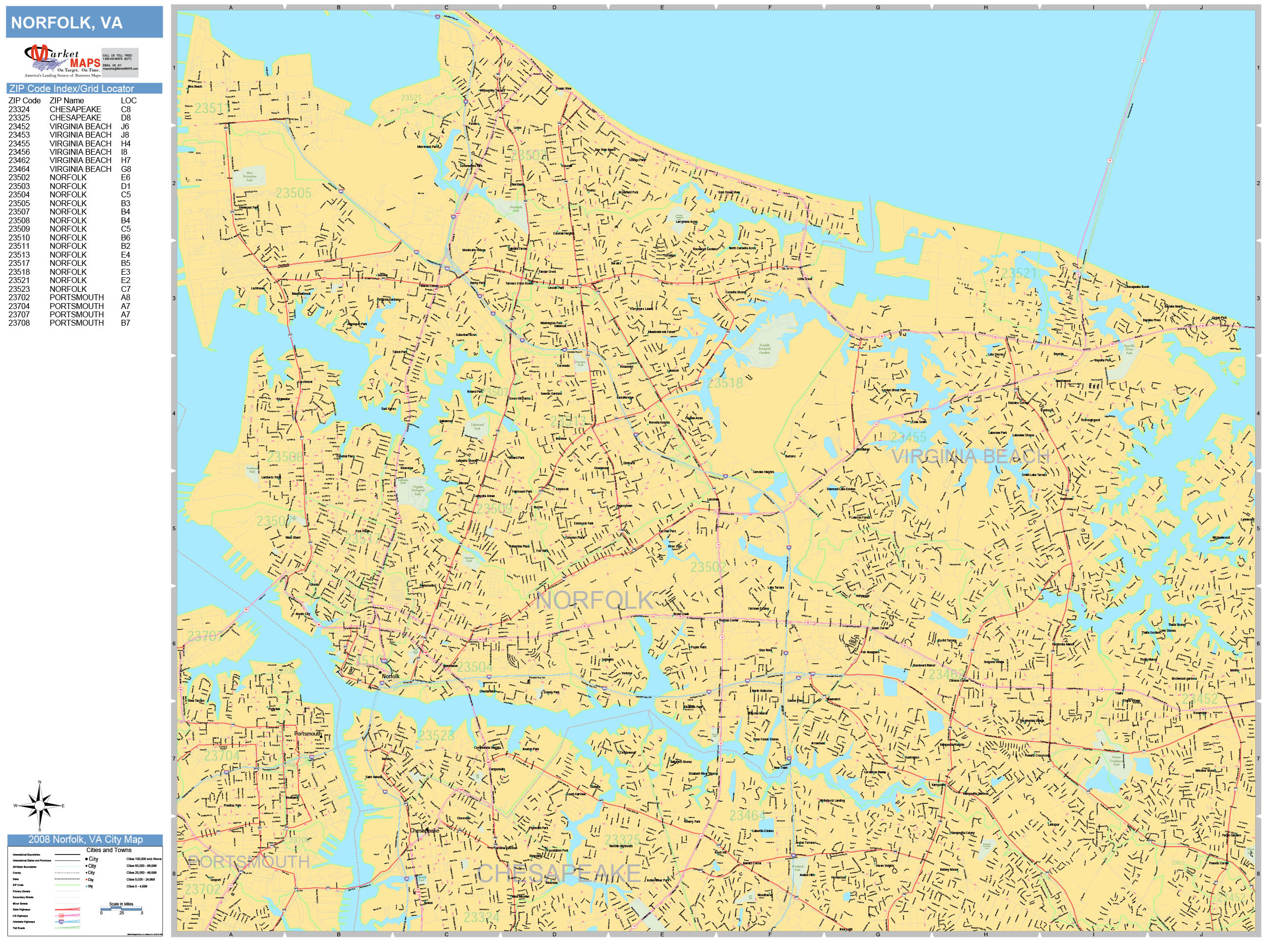 Norfolk Virginia Wall Map (Basic Style) by MarketMAPS - MapSales