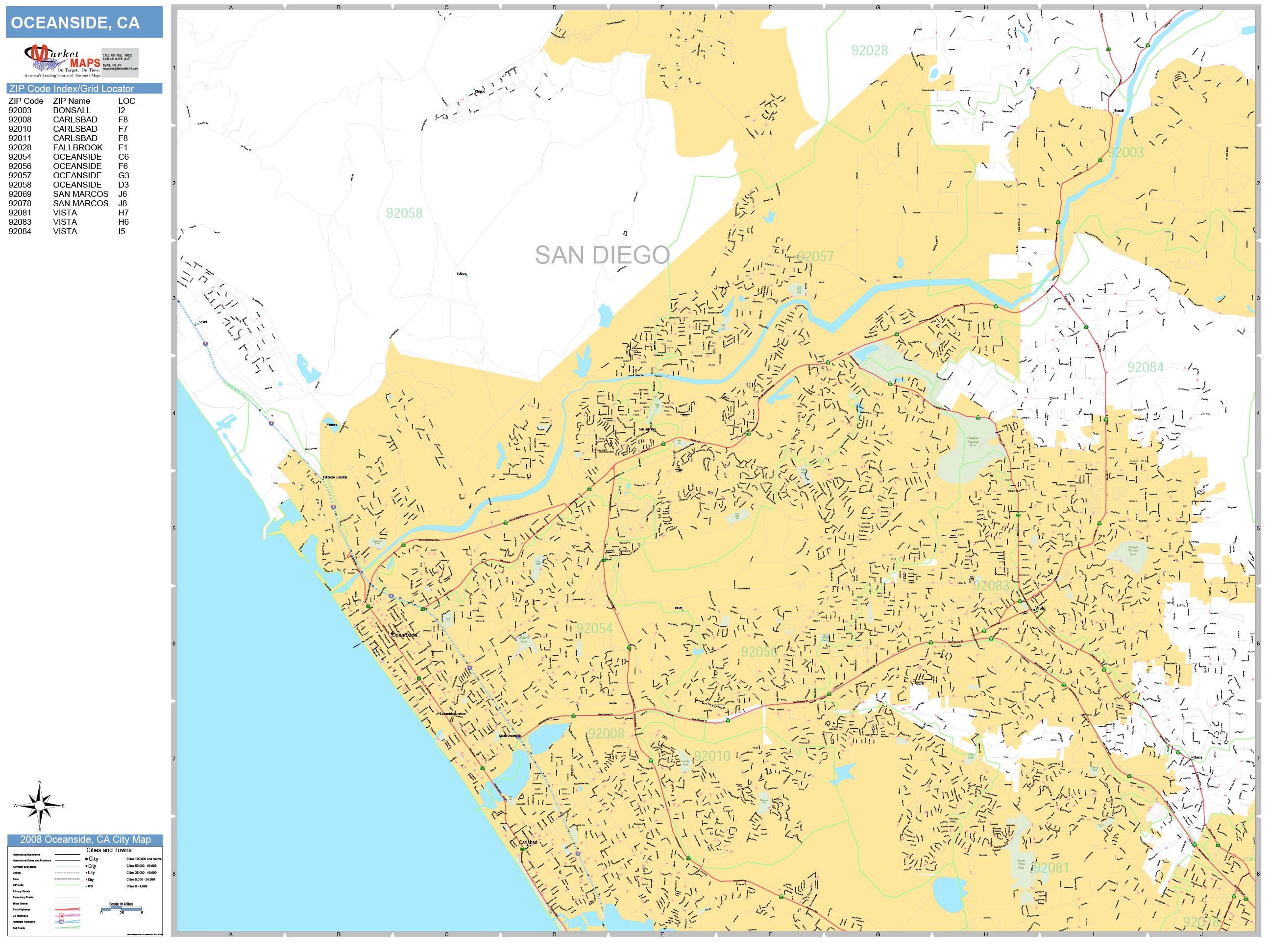 Oceanside California Wall Map (Basic Style) by MarketMAPS - MapSales