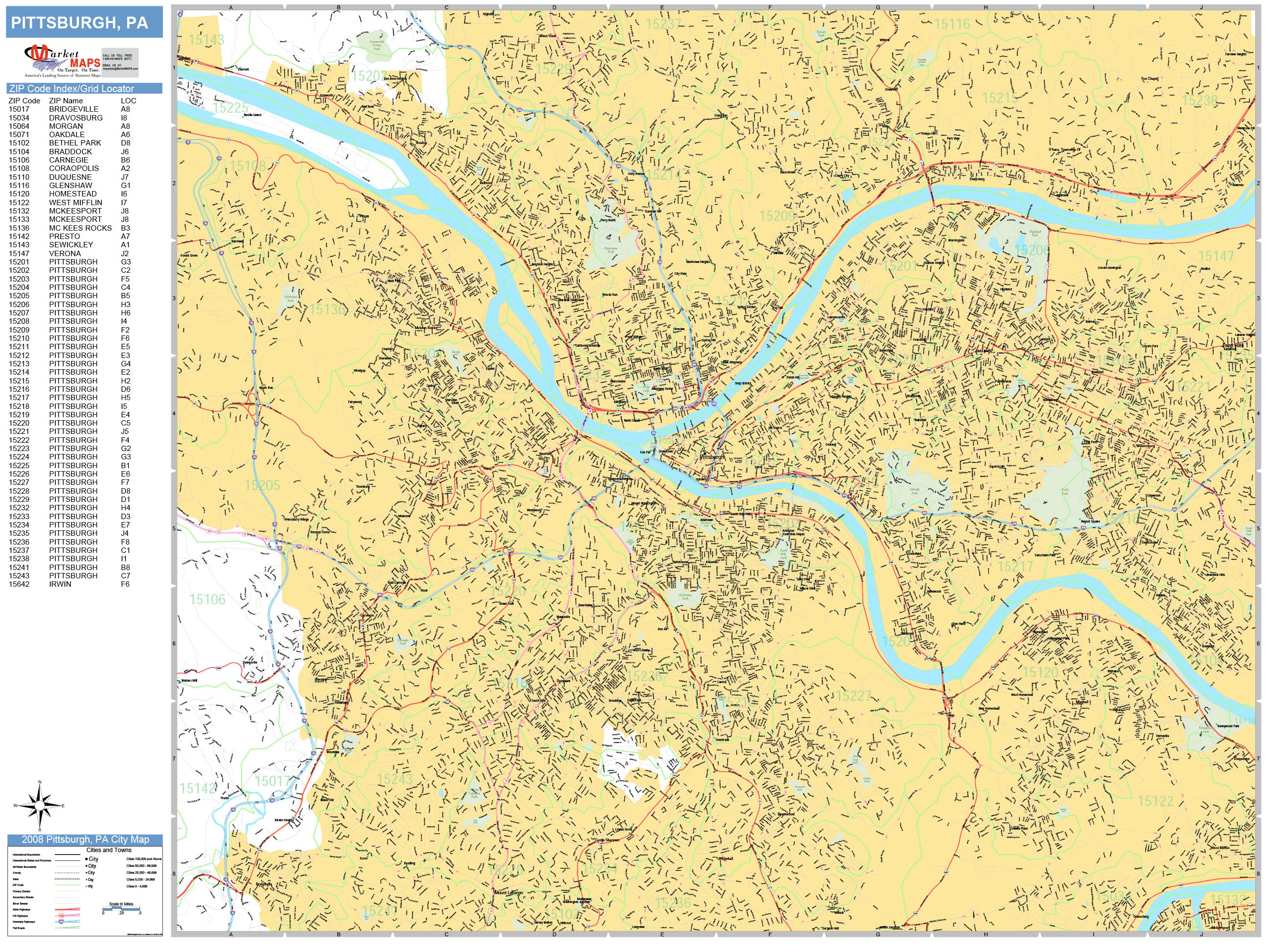Pittsburgh Pennsylvania Wall Map (Basic Style) by MarketMAPS - MapSales