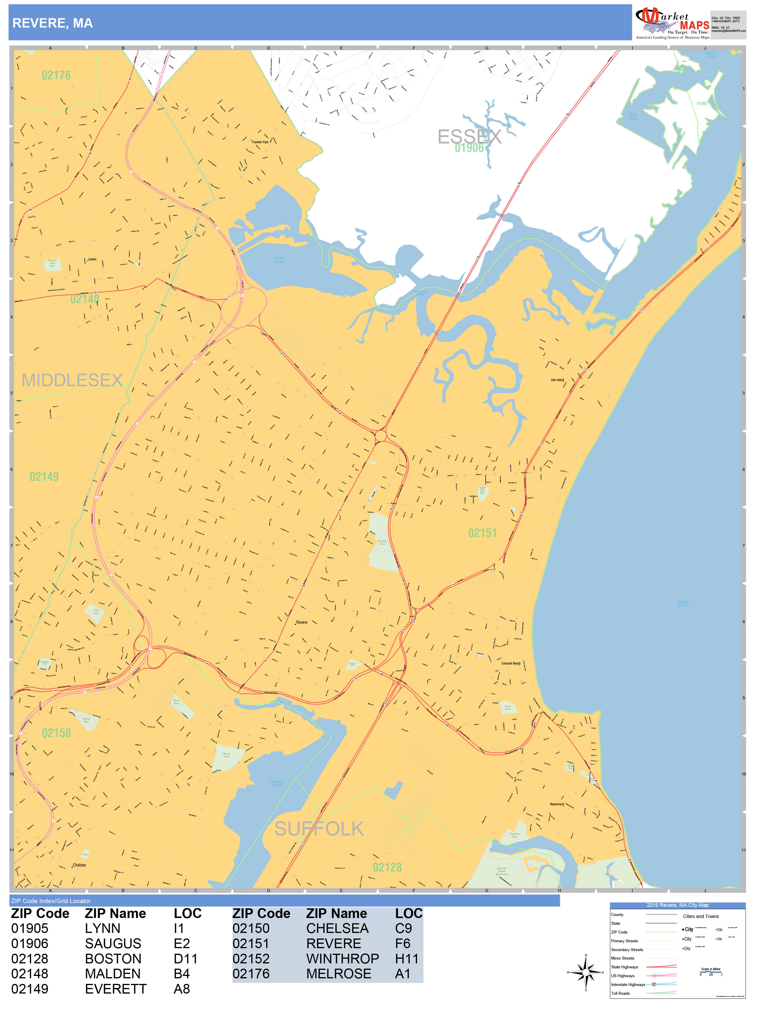 Revere Massachusetts Wall Map (Basic Style) by MarketMAPS - MapSales