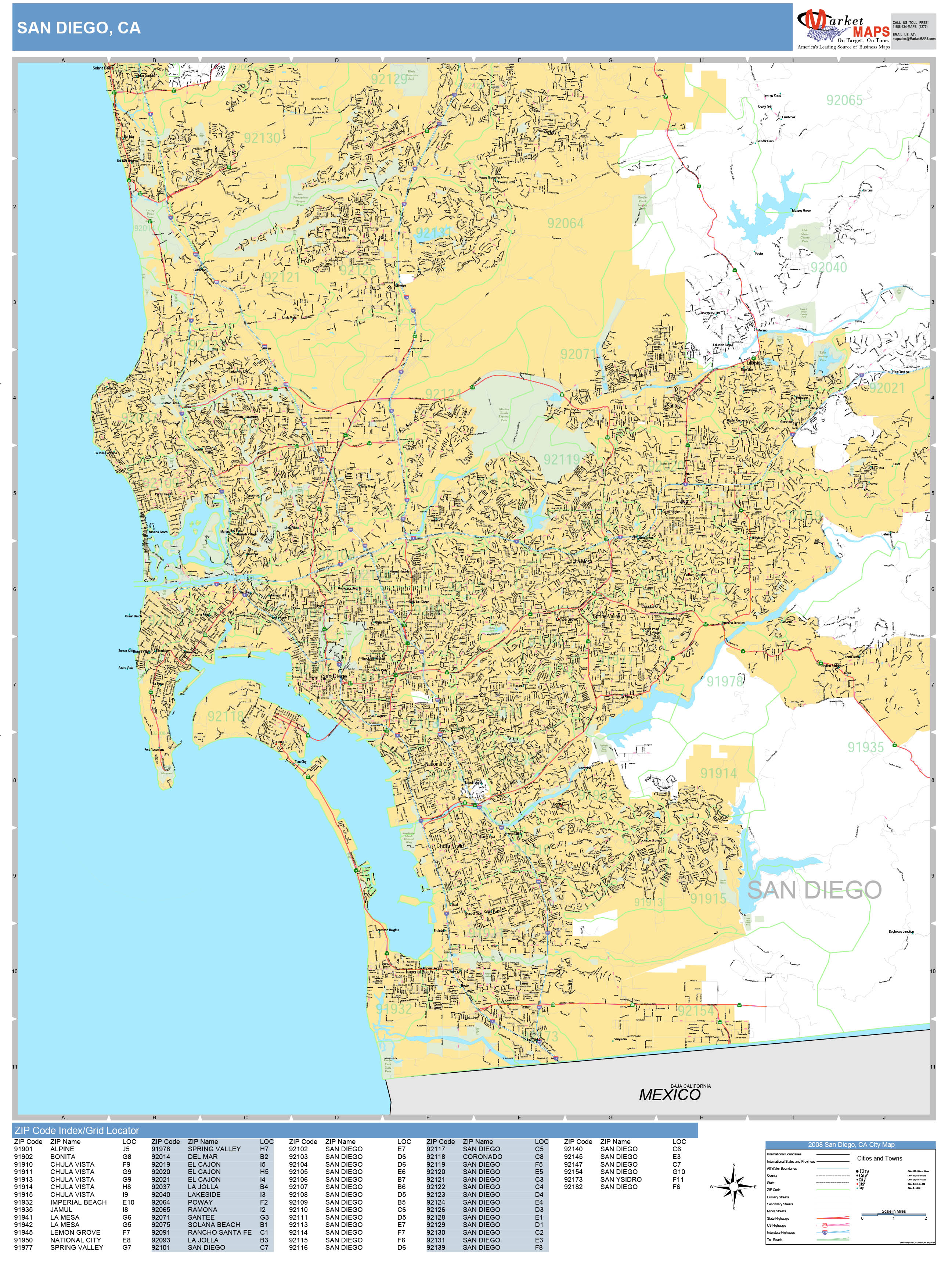 San Diego California Wall Map (Basic Style) by MarketMAPS