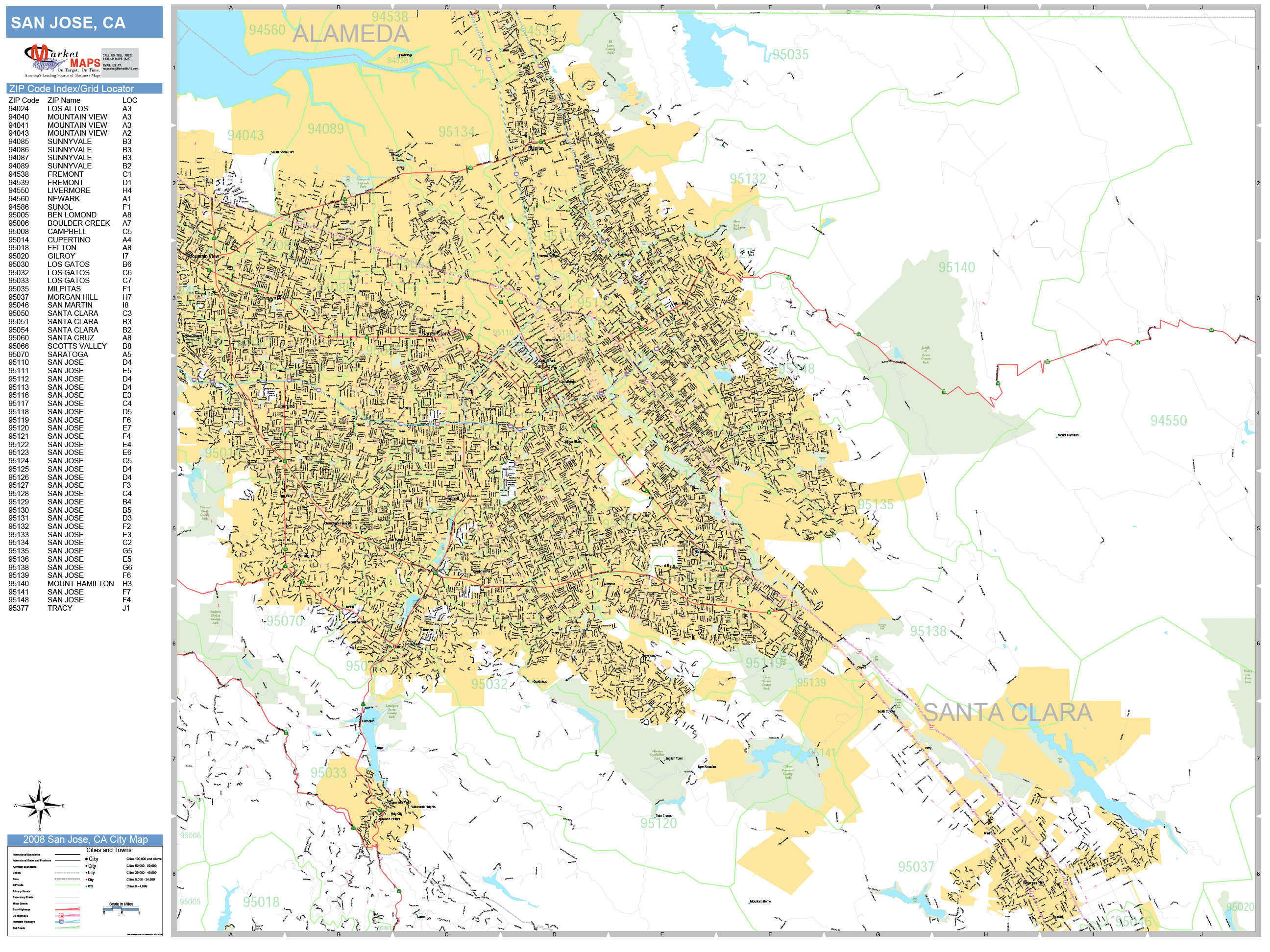 San Jose California Wall Map (Basic Style) by MarketMAPS - MapSales