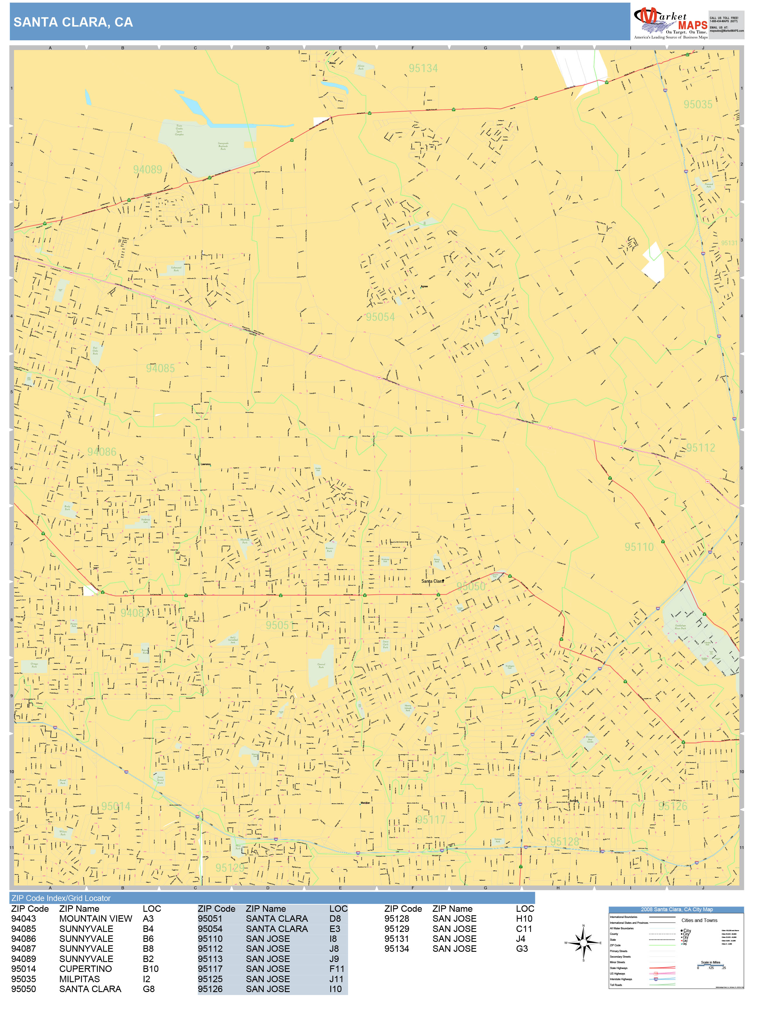 Santa Clara California Wall Map (Basic Style) by MarketMAPS - MapSales.com