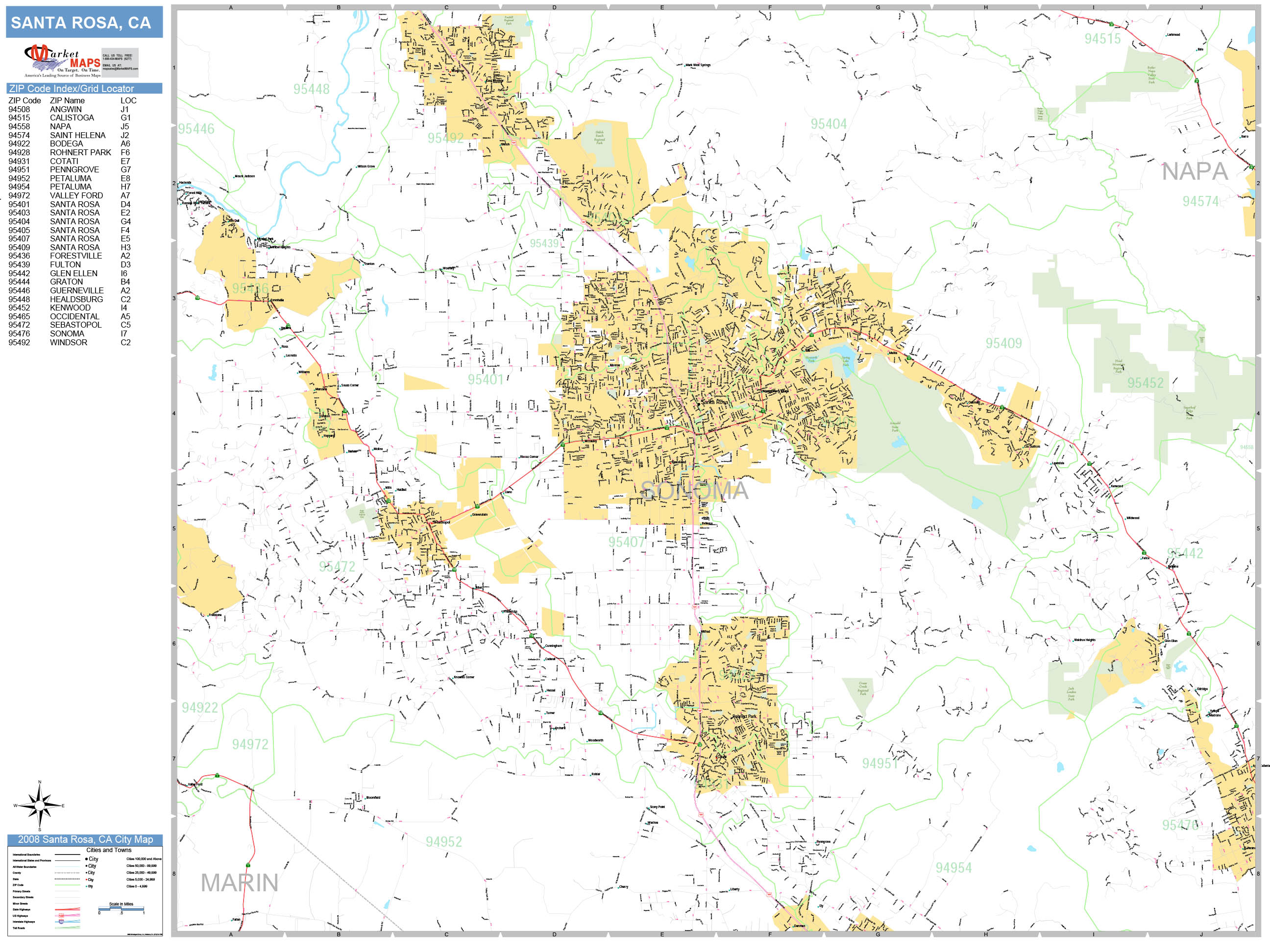 Santa Rosa California Wall Map (Basic Style) by MarketMAPS - MapSales