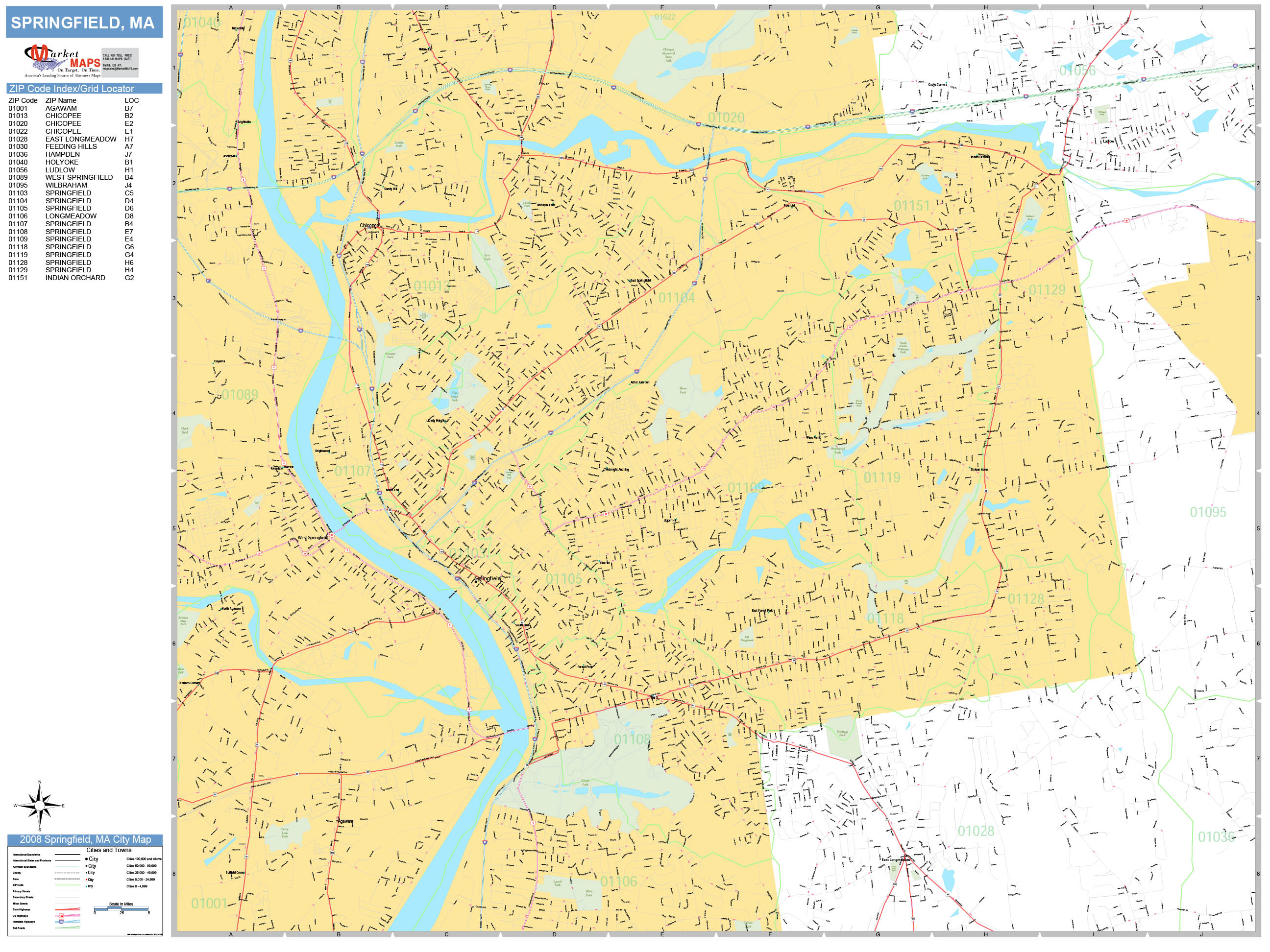 Springfield Massachusetts Wall Map (Basic Style) by MarketMAPS - MapSales
